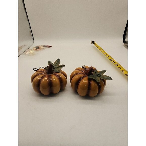 Holiday | Ceramic Fall Pumpkins Orange Decorative Metal Leaves Vines ...
